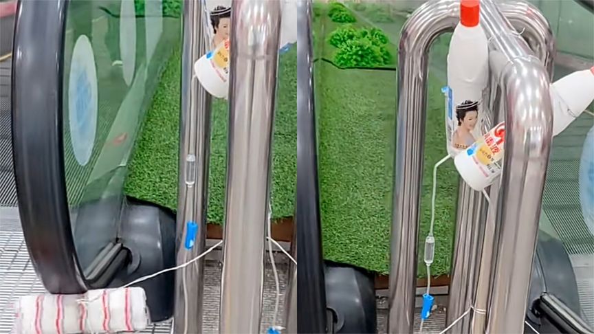 超市抗疫有妙招 手扶电梯“输起液” 实时消毒不停歇 网友:太有才