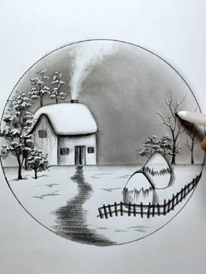 简单画家乡雪景#零基础学画画 #炭笔画 #炭笔风景画