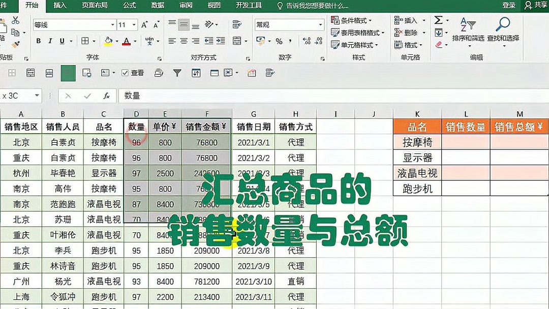 汇总商品销售数量与总额