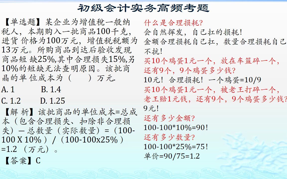 初级会计师考试会计实务高频考点存货发生合理损耗后的单位成本