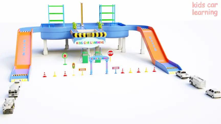 益智动画,玩具小汽车在颜料池中变五颜六色