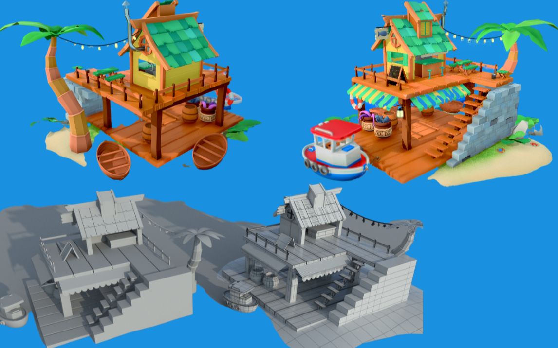 【Maya场景建模】从零基础开始教你制作海边度假村模型,高模布线...