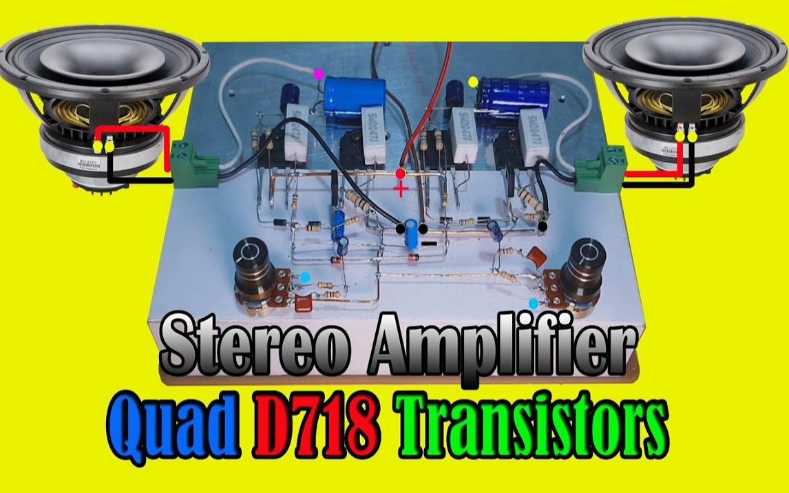 如何使用四个D718晶体管制作立体声放大器|简单而强大的低音放大器