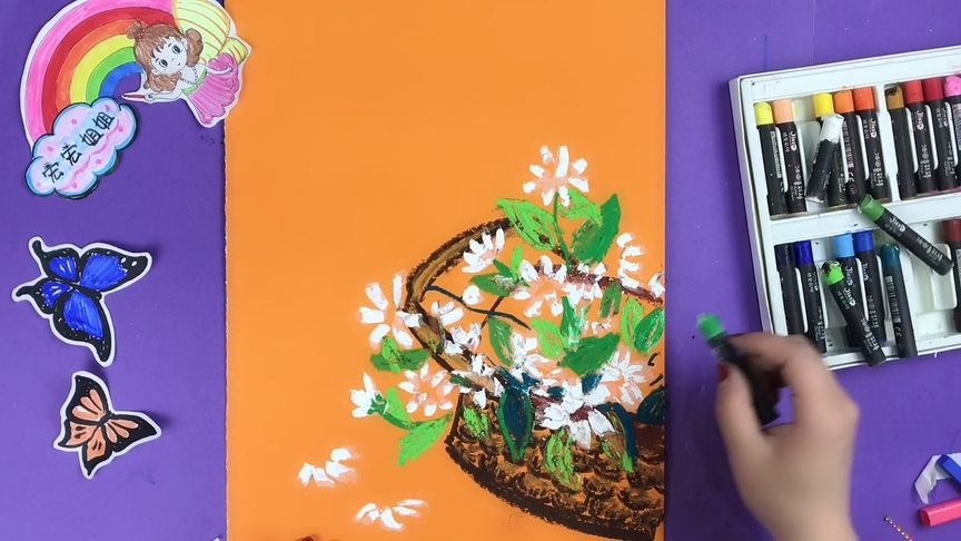 儿童美术画,重彩油画棒《花篮》简单易学,启发思维小朋友都爱画