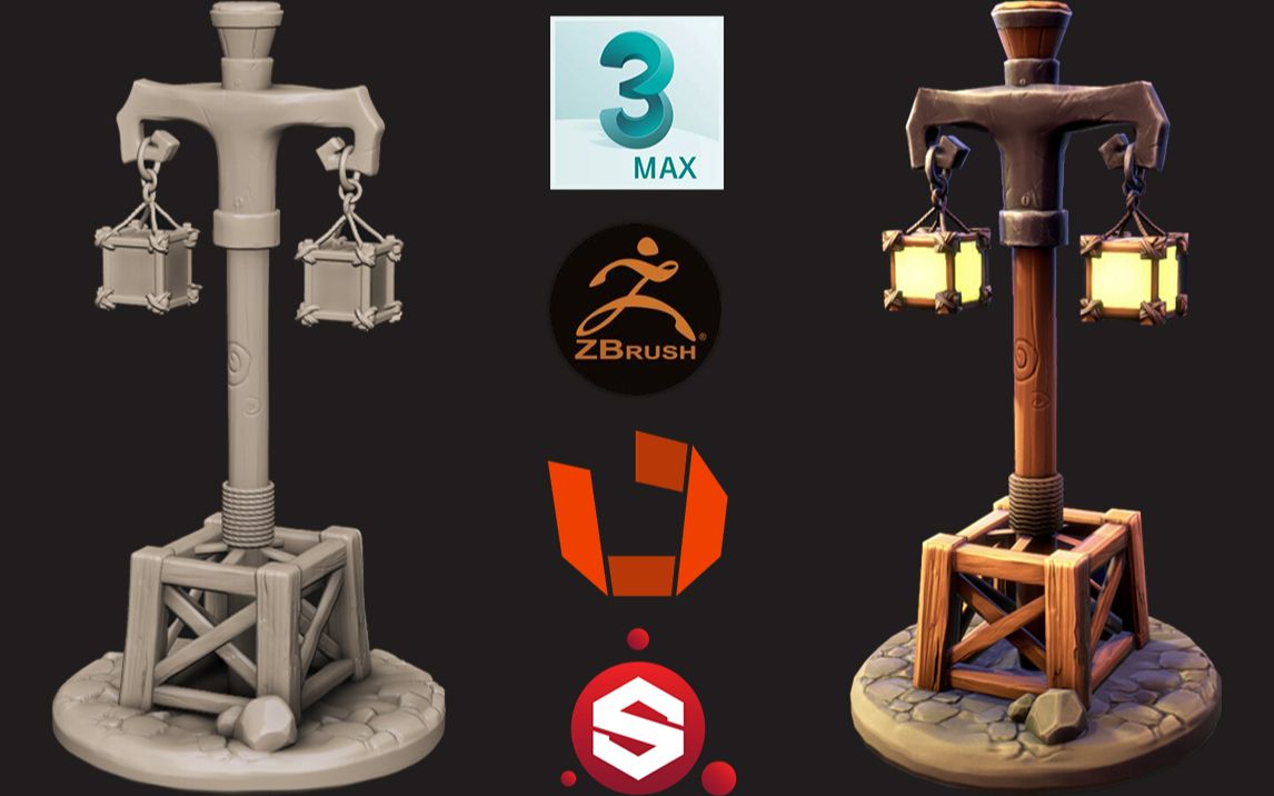 【次世代全流程】从零开始制作路灯场景模型教学 布线/雕刻/展uv/材质...