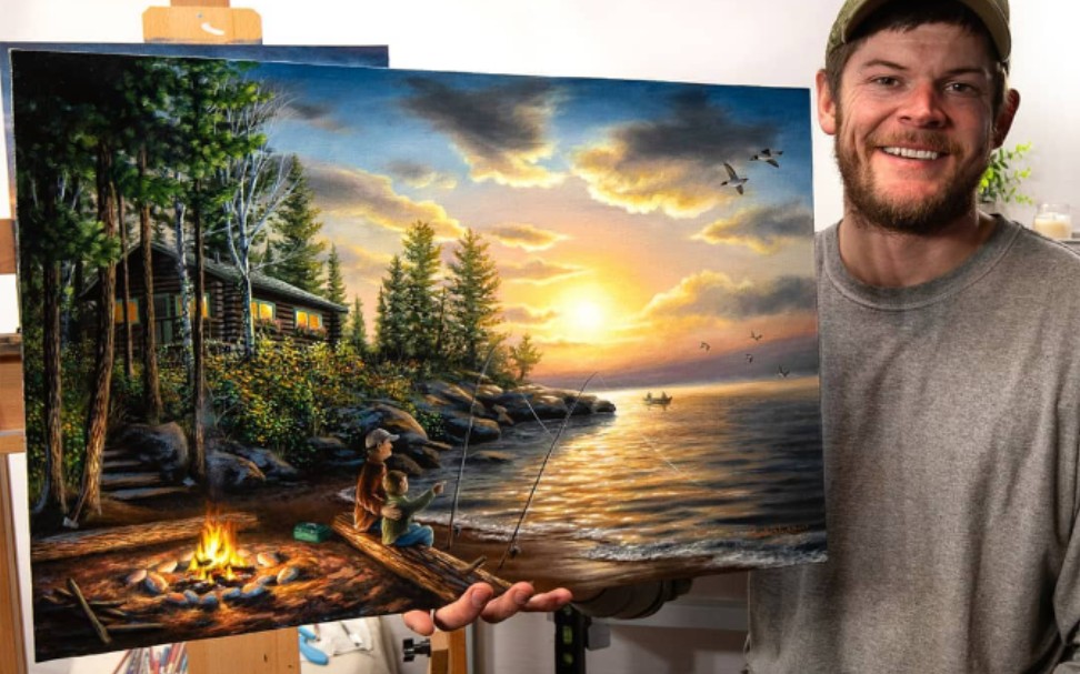 Chuck Black Art用丙烯绘画逼真晚霞湖面风景