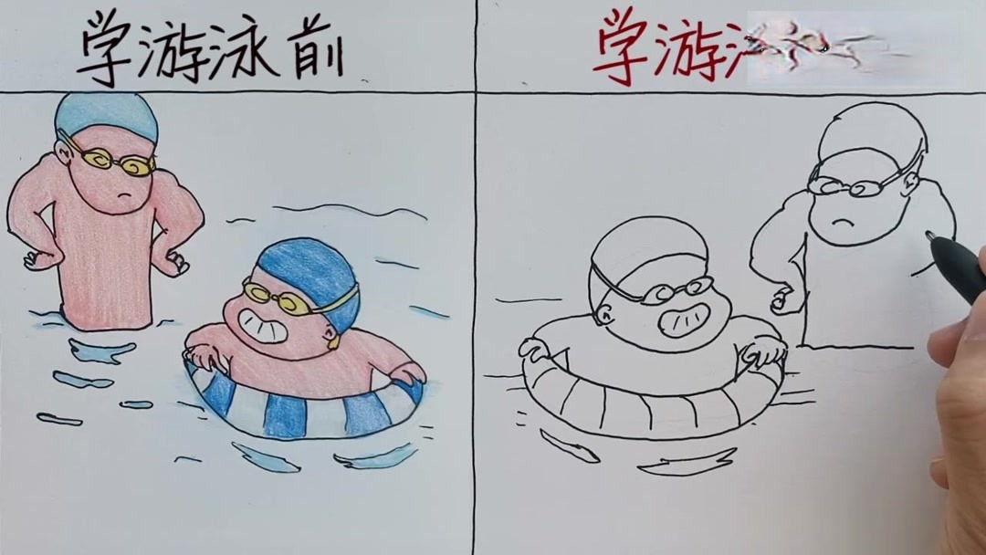 学游泳前后的区别,画的太形象了!哈哈～