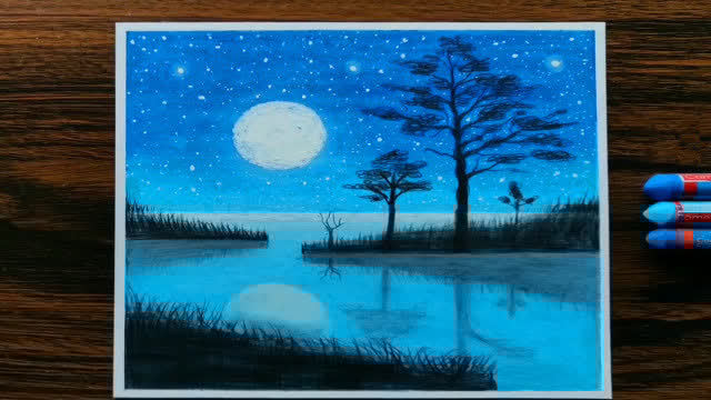 油画棒手绘风景画,月光下湖水倒映着树木的影子,景色太美了