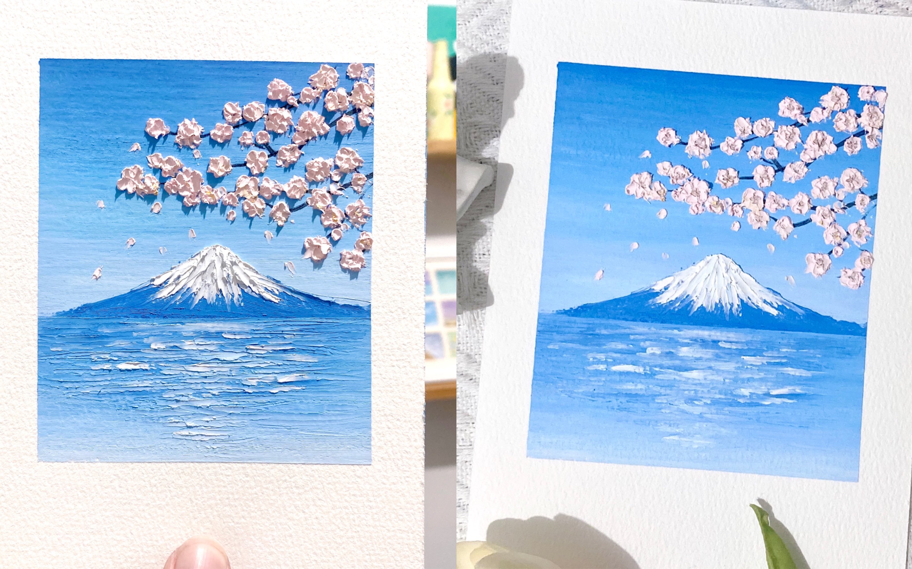 油画棒|富士山樱花海|绘画教程