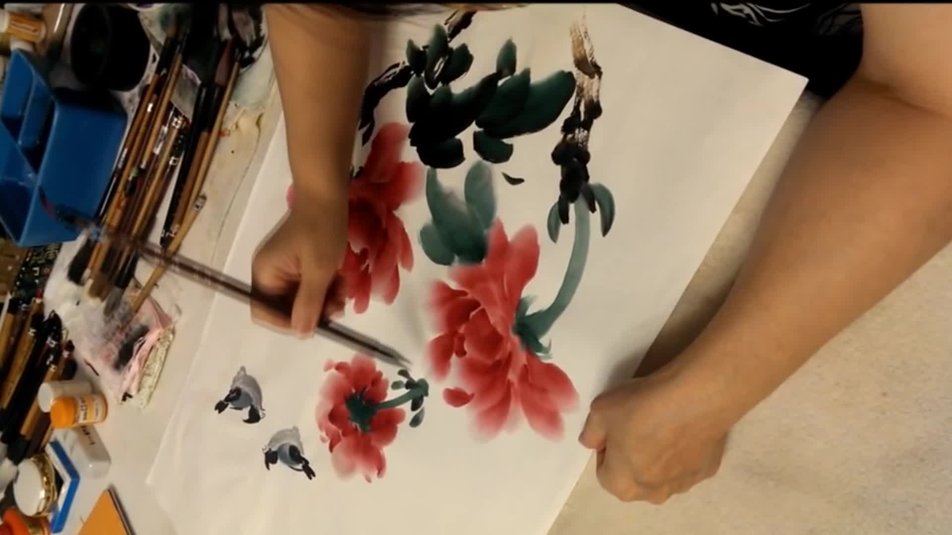 国画欣赏:山雀 牡丹 蝴蝶 山石 水墨花鸟画示范