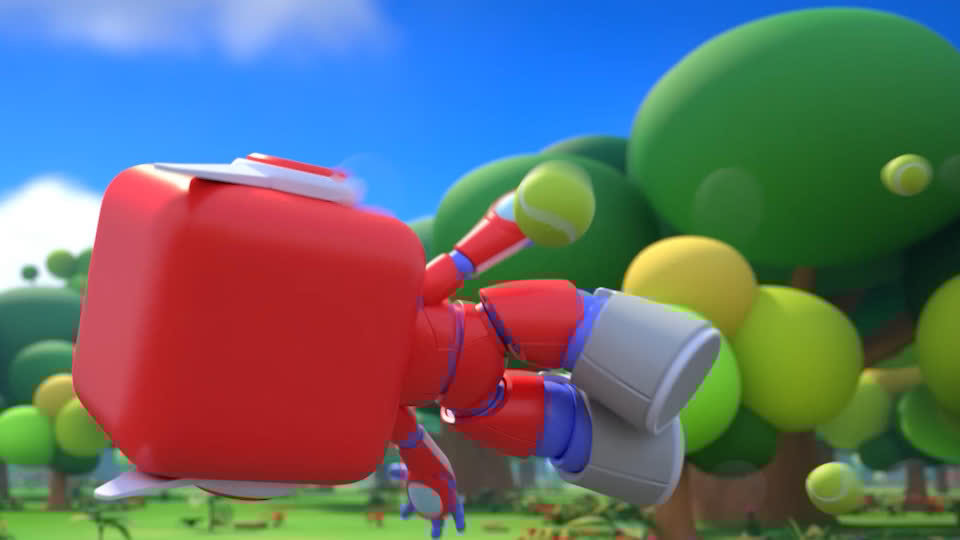 好灵活的机器人,边跑边跳起来躲开网球