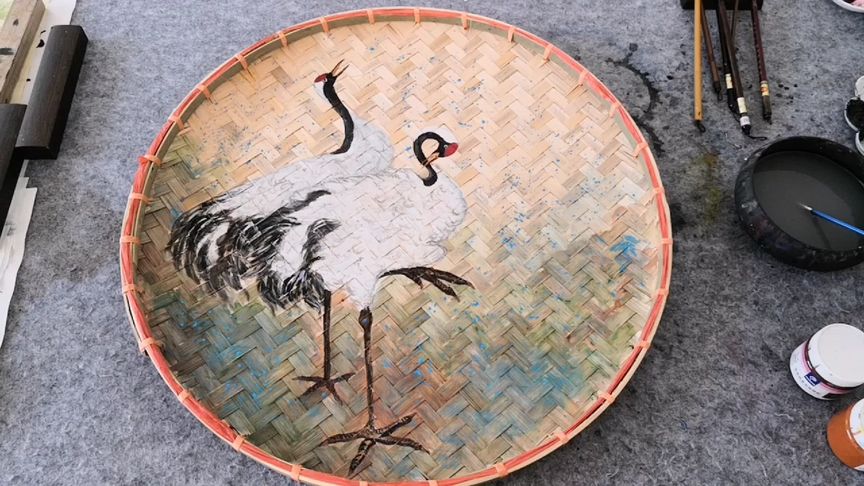 簸箕画:《丹顶鹤》&《富贵牡丹》