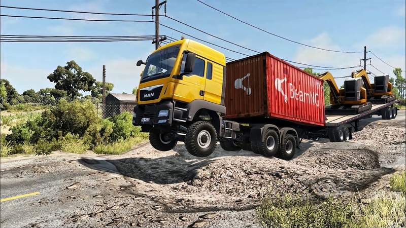 车祸模拟器:40吨半挂卡车开足马力过塌陷大坑,悬挂画面够舒适