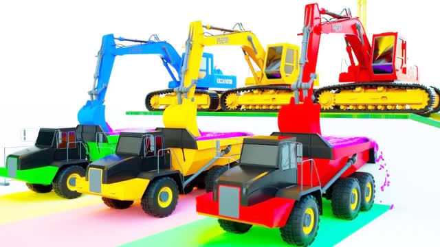 卡通翻斗车和挖掘机运送彩色泥浆