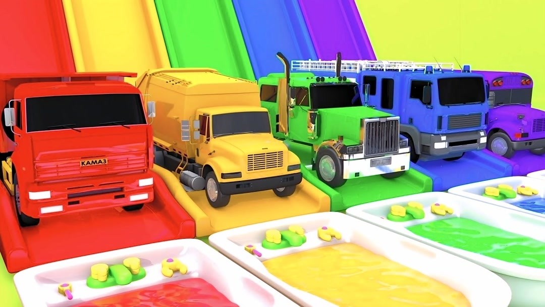 彩色工程车动画 消防车翻斗车铲车涂颜色