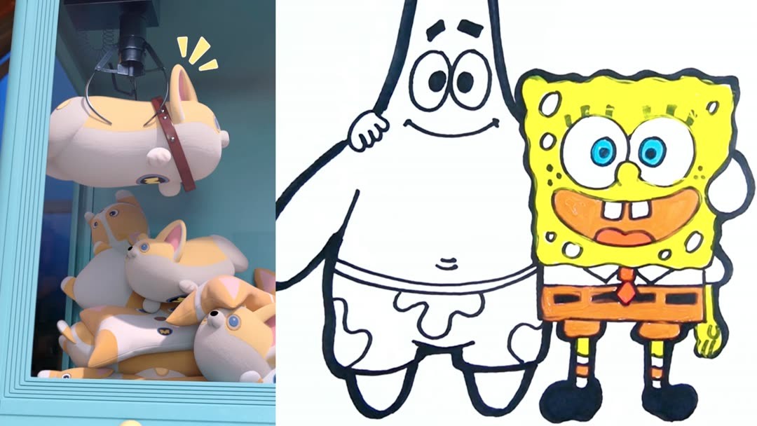 看动画学画画:简笔画~海绵宝宝和派大星的画法+涂色,儿童绘画