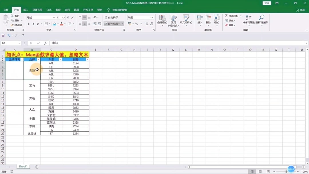 Excel办公365个实战技巧4205.max函数创建不规则单元格序列号