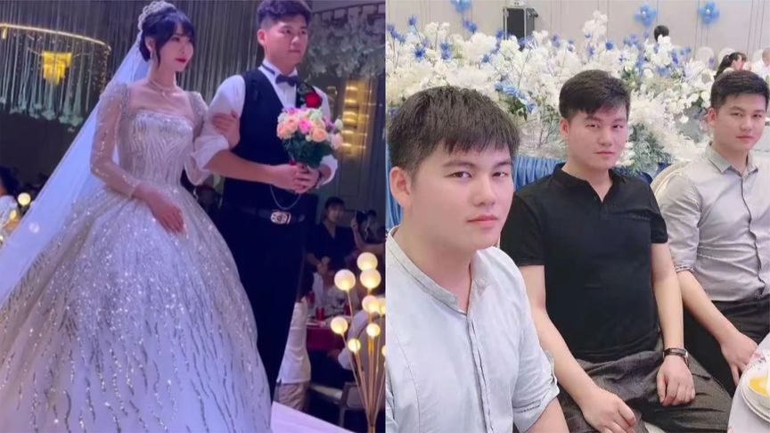 婚礼现三个一模一样新郎:三胞胎一起长大一起当兵一起结婚
