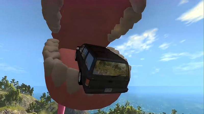 BeamNG:越野车开足马力一跃而起冲向超大口腔模型,模拟真实车祸