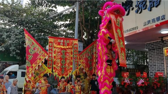 随着经济发展,湛江很多商铺开业都请醒狮团庆贺,醒狮上高台表演