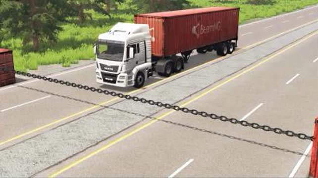 邪恶的假人阻止不看路的司机,60吨货车vs超强大铁链,车祸模拟器