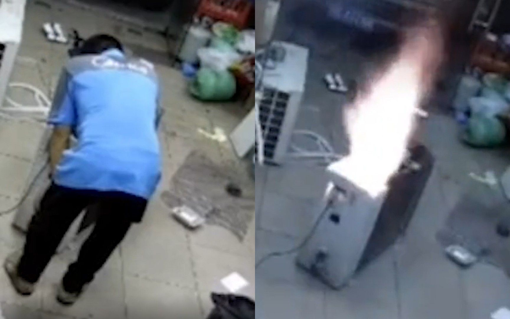 维修工修空调遇外机爆燃,面部瞬间被烧伤,监控记录可怕一幕