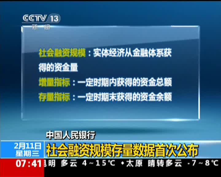 中国人民银行:社会融资规模存量数据首次公布