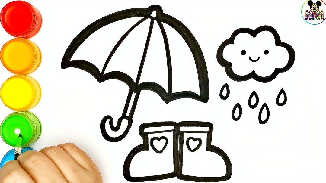 宝宝如何画雨伞雨鞋?儿童简笔画着色少儿认识颜色启蒙