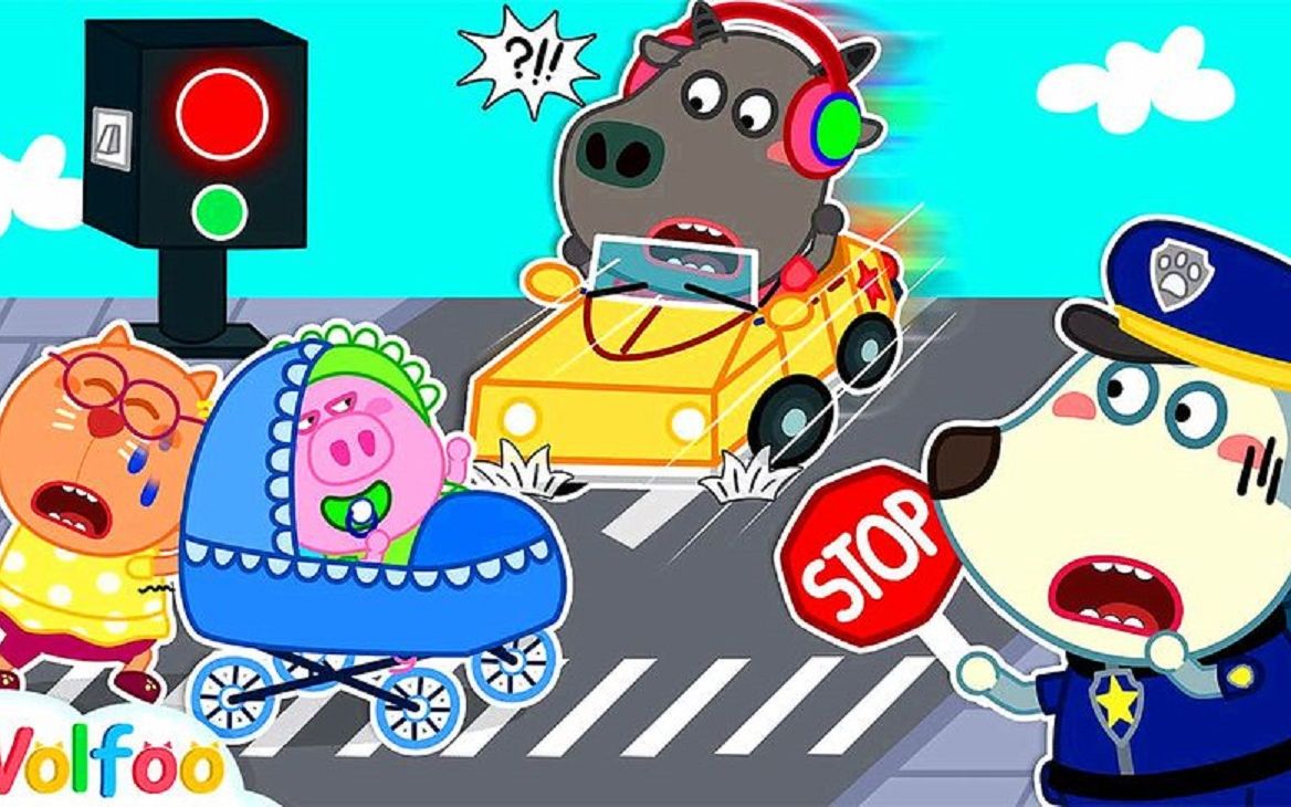 小猪儿童动画:红灯停绿灯行,沃夫扮演警察,教小伙伴们交通规则