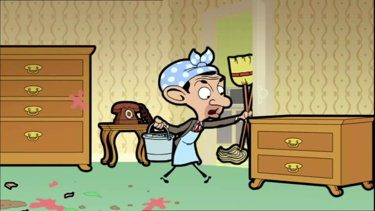 憨豆先生动画版:憨豆在打扫卫生,小猫却在捣乱,憨豆受伤进医院