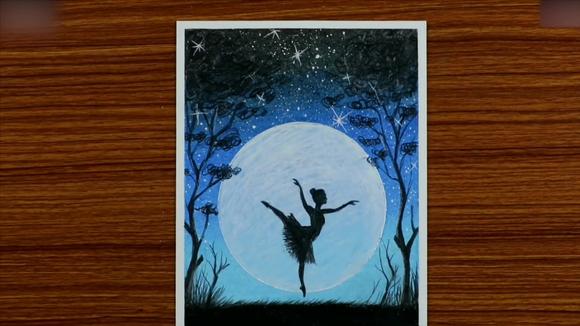 简单好学的蜡笔画:漫天的繁星,小女孩在跳芭蕾,画的太好看了