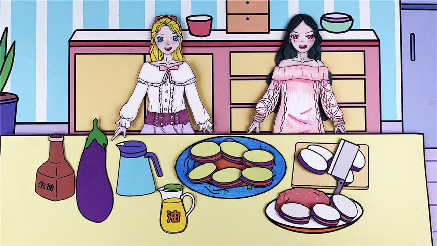 手绘定格动画:早晨醒来芭比去菜地里摘茄子,给画画做美味的茄盒