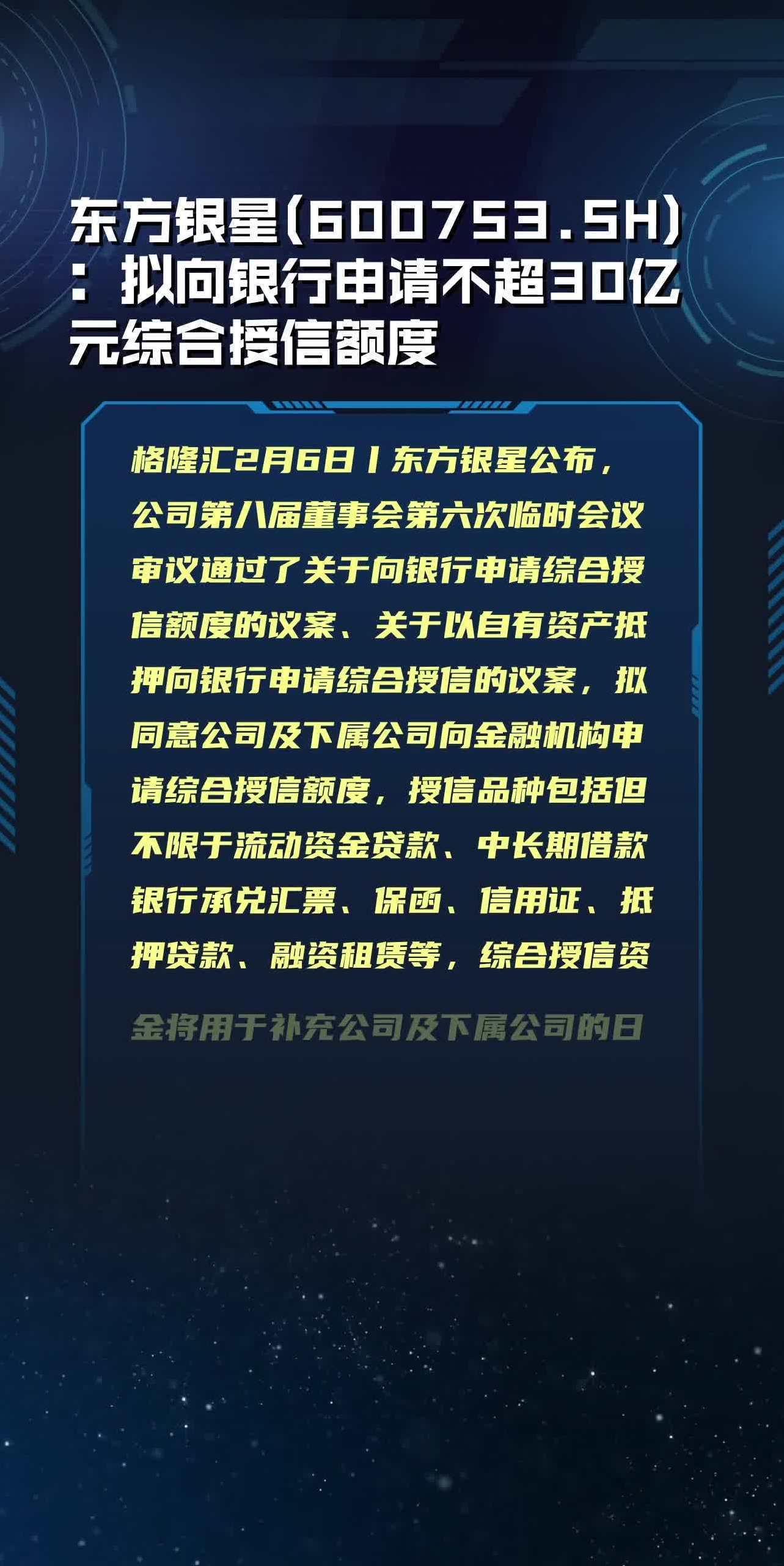 东方银星(600753.SH):拟向银行申请不超30亿元综合授信额度