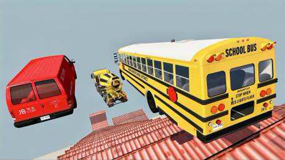 V8校车,快递面包车和货车飞跃800米超长集装箱楼梯,车祸模拟器