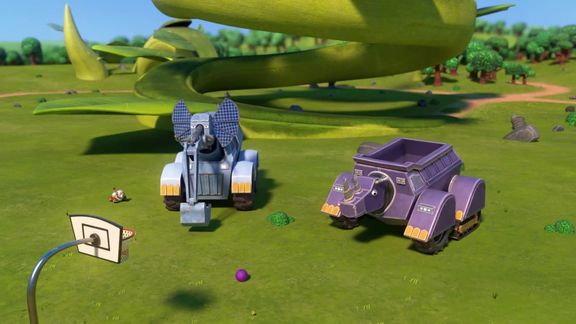 卡通动画 犀牛翻斗车和大象挖掘机投篮比赛