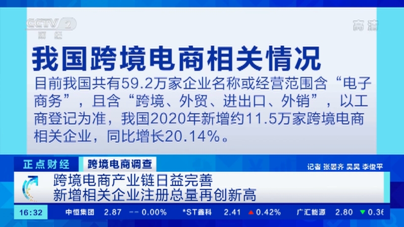 [正点财经]跨境电商调查 跨境电商产业链日益完善 新增相关企业注册...