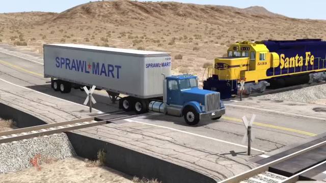 模拟游戏:铁道路口严重堵车,动力火车开足马力冲过来,车祸模拟