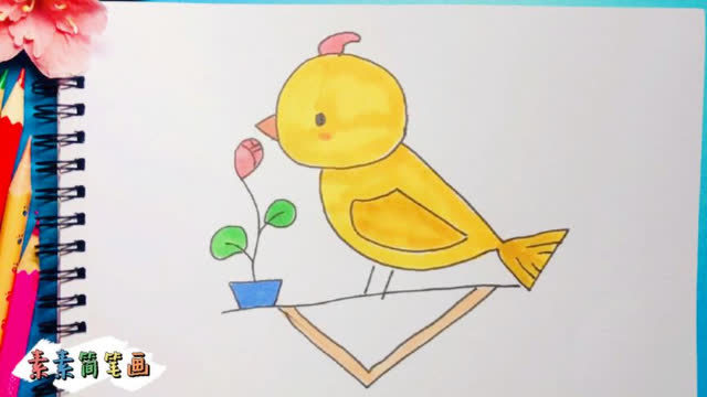 儿童亲子绘画简笔画入门,小鸟飞到桌上观赏一束玫瑰花