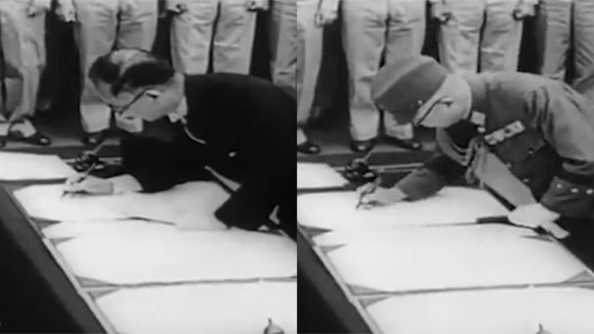 抗日战争胜利76周年 80秒珍贵影像回顾:日本代表签署投降书