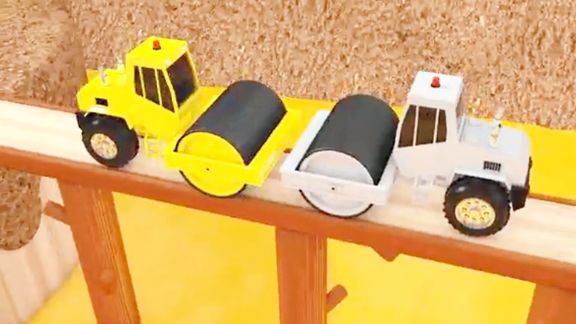 汽车动画:迷你工程车过独木桥掉进池里染颜色