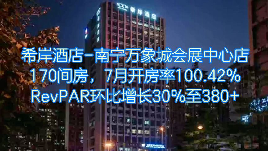 希岸酒店:170间房,7月开房率100.42%,RevPAR环比增长30%至380+