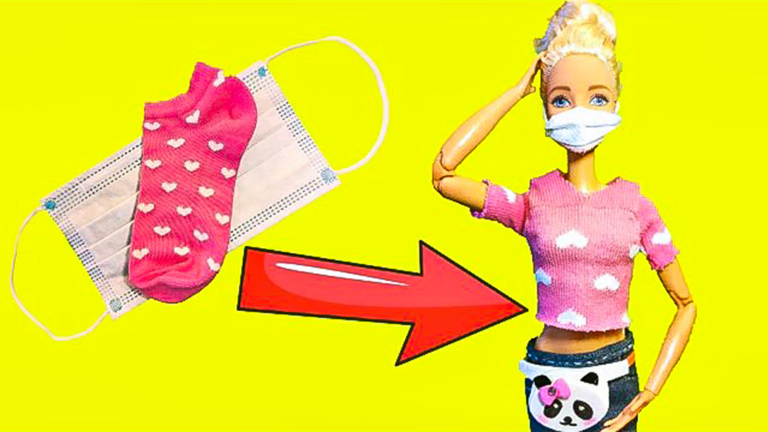 DIY芭比工艺,口罩和袜子为芭比娃娃制作衣服!