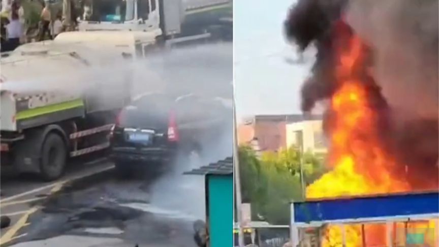 氧气瓶起火发生爆炸,洒水车不顾危险紧急灭火。