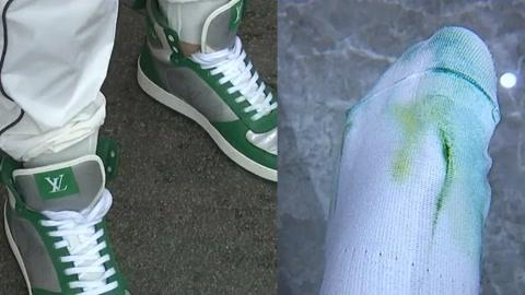 男子八千多买LV鞋一天就掉色,袜子指甲盖都被染绿:只能看不能穿