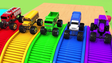 亲子早教英语动画:各种颜色的小汽车在彩色的跑道上比赛