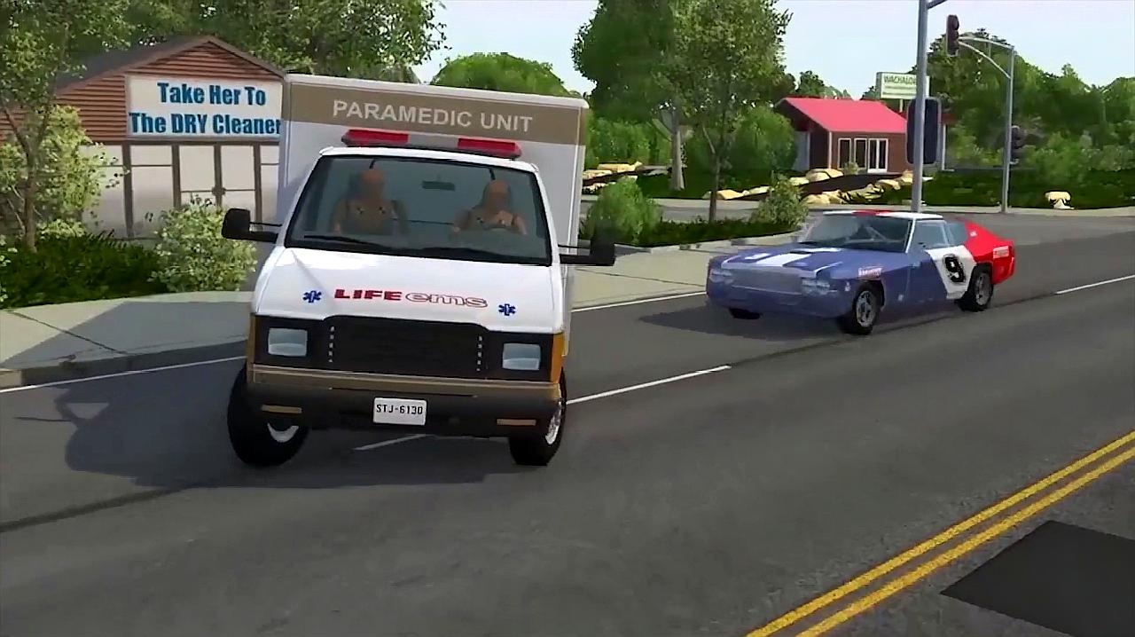 汽车相撞事故-小跑车不减速冲向转弯的救护车-车祸模拟