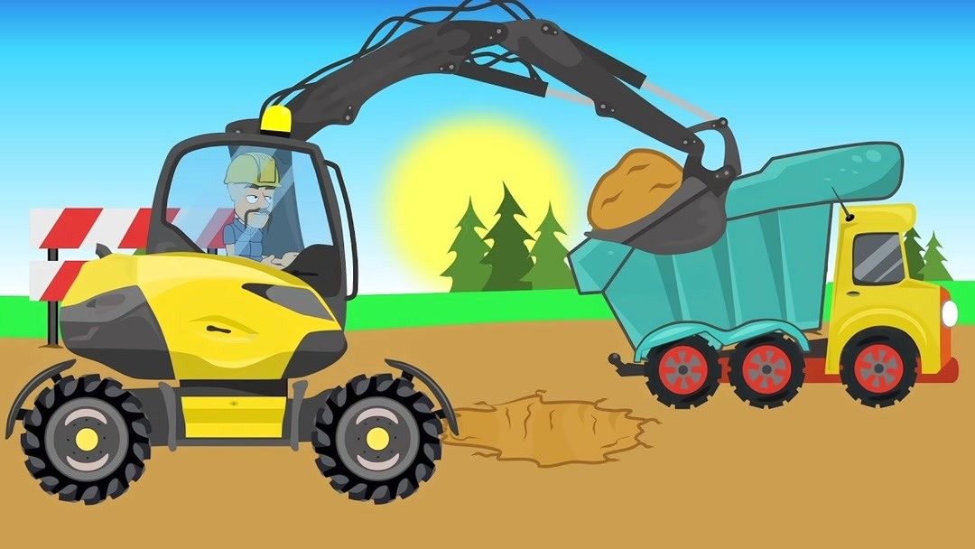 工程车动画 挖土车和货车挖土坑盖工厂