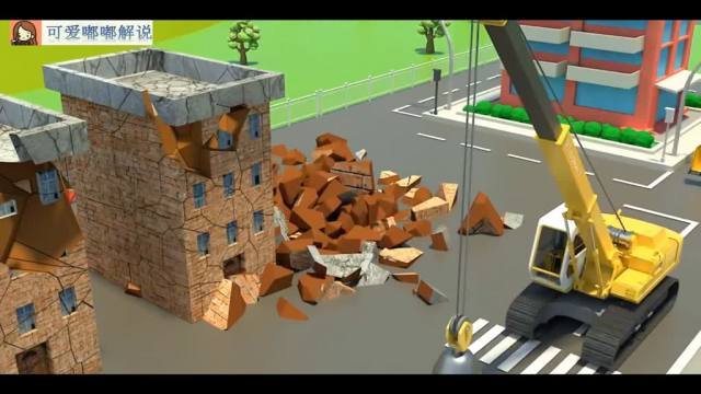 工程车动画:挖土车和铲车拆迁车建造医院