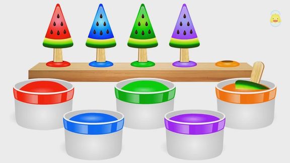 益智动画英语早教,给美味的西瓜雪糕裹上彩色奶油,快来吃一个吧