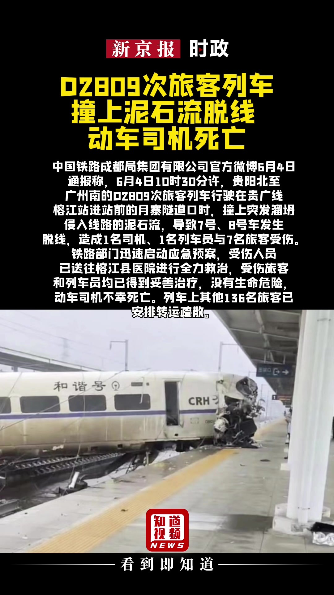 D2809次旅客列车撞上泥石流脱线 动车司机死亡